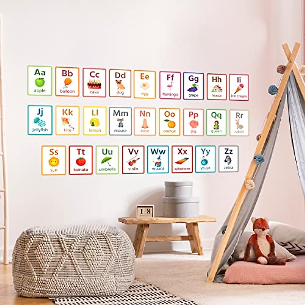 Alphabet Wall Decals Fruits Letter Wall Stickers Animals Alphabet ABC Kids Wall Stickers Peel and Stick Removable Wall Stickers for Kids Nursery Bedroom Living Room Décor