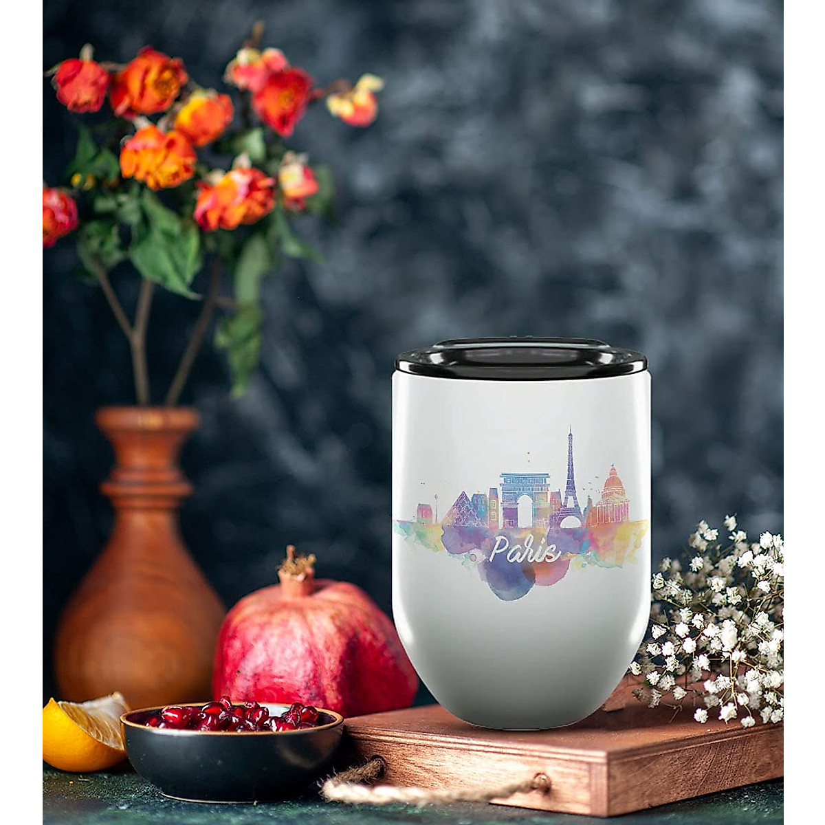 Paris France Gifts and Souvenirs - 12 Oz Insulated Wine Tumbler with Lid - Paris College Graduation Gifts - Unique Drinkware - Europe Long Distance Gifts for Her & Homesick Student Gifts