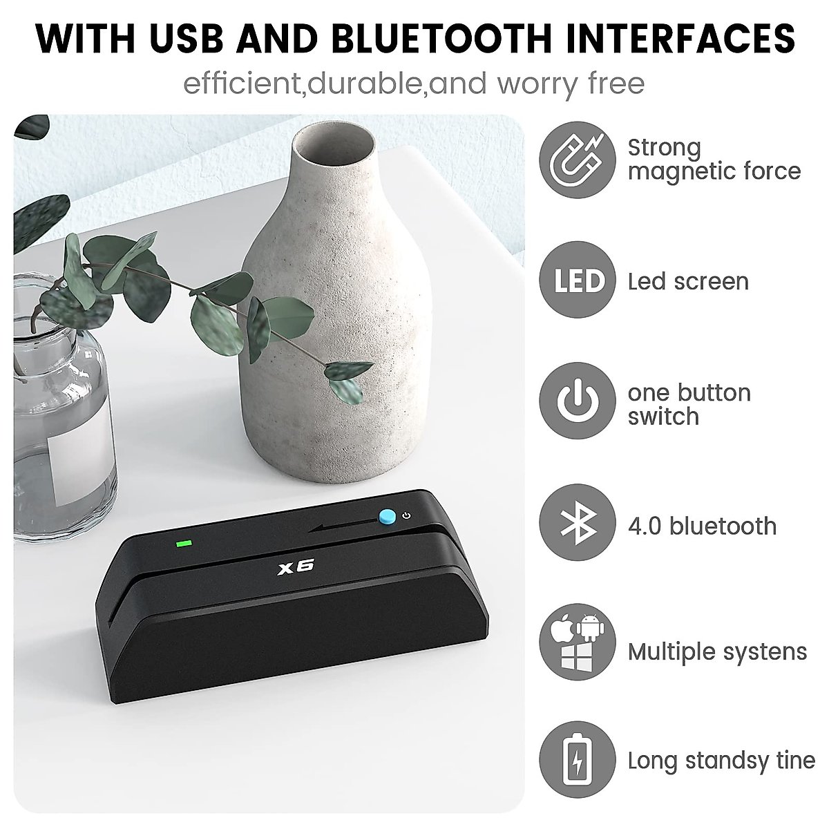 X6 BT Bluetooth Magnetic VIP Card Reader Writer USB 3 Tracks Swipe Encoder [Upgraded Black Version]