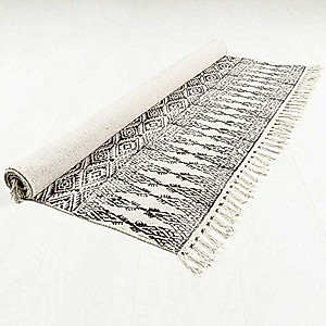 Eyes of India - 4 X 6 ft Off-White Black Cotton Block Print Area Dhurrie Rug Flat Weave Hand Woven Tassel Boho Chic Indian Bohemian Accent Handmade Handwoven
