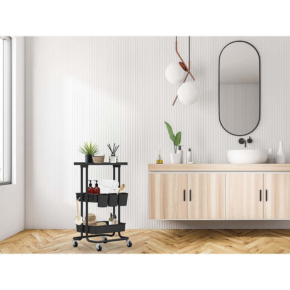 CAXXA 3-Tier Rolling Storage Organizer with Tabletop and 3 Small Baskets - Mobile Utility Cart, Printer Cart, Kitchen Cart (Black)
