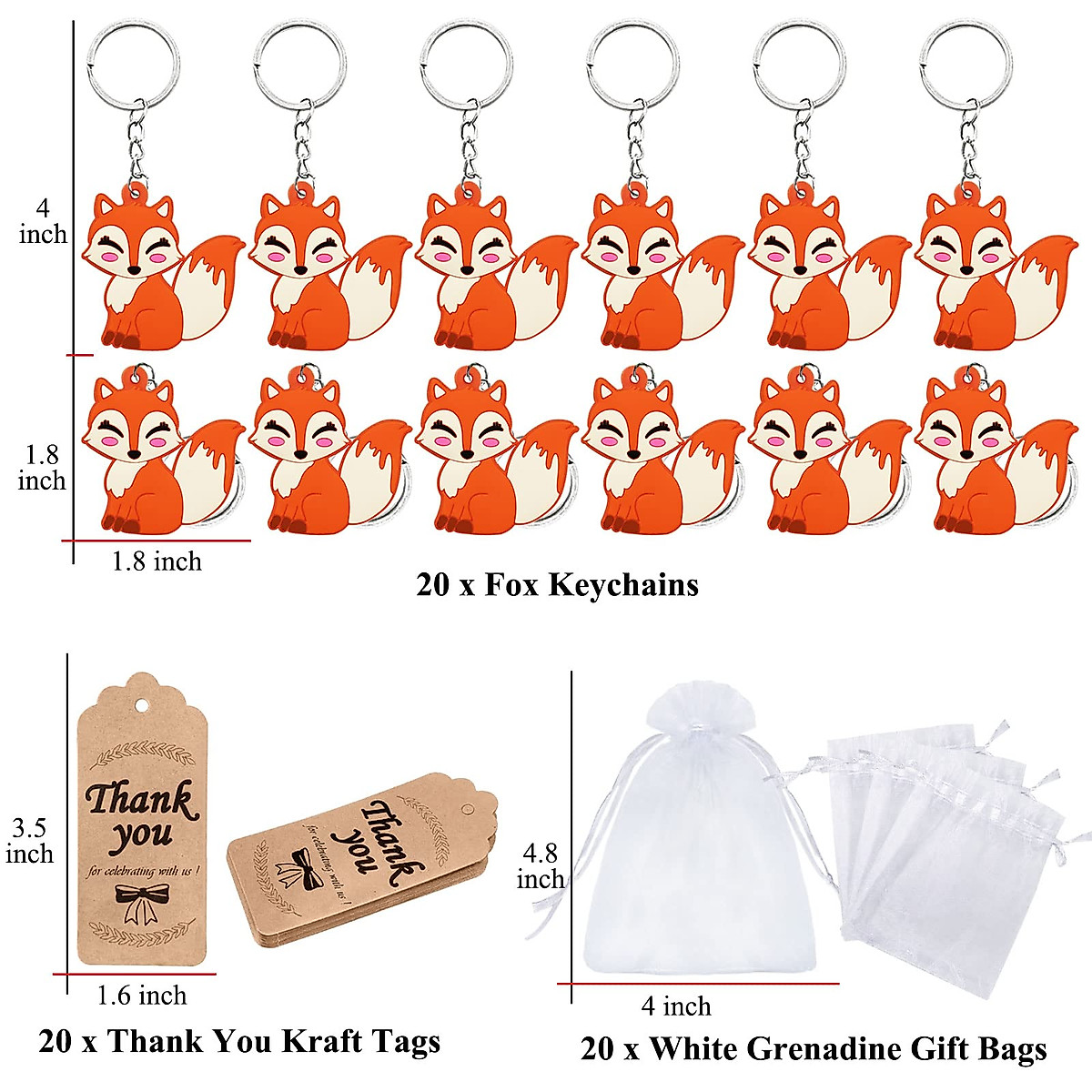 Elecrainbow 60 Pack Fox Party Favors Include 20 Fox Keychains, 20 Thank You Tags, 20 Gift Bags for Woodland Party, Camp Baby Shower, Stay Clever Themed Kids Birthday, Wild ONE First Birthday