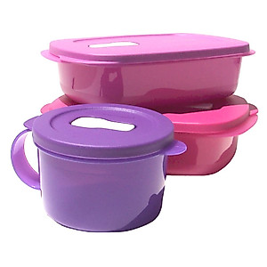 Tupperware Crystalwave 3 Piece Set Microwave Divided Dish Bowl and Mug Pink and Purple