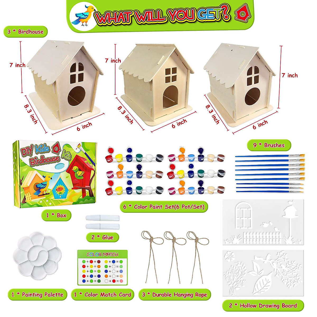 DIY Bird House Kit, 3 Packs Wooden Doodle Birdhouses Set, Arts Crafts Easter Gifts for Age 4-8+ Years Old Girls Boys, Build & Paint Wooden Arts and Painting Craft Toys for Kids Adults