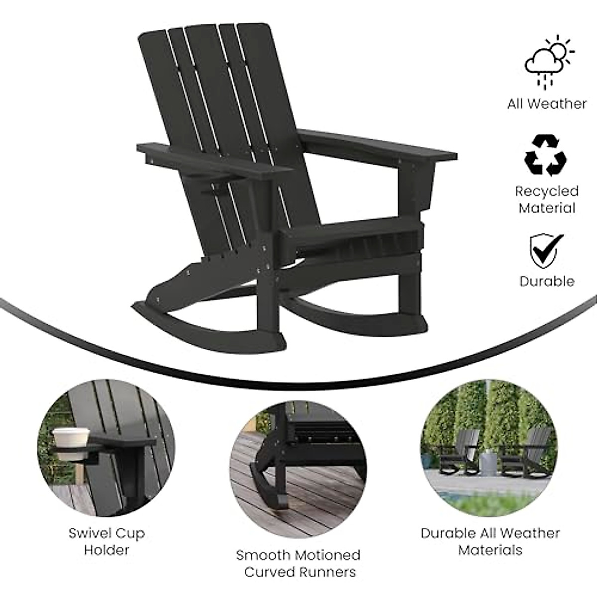 Flash Furniture Halifax Adirondack Rocking Chair with Cup Holder, Weather Resistant Poly Resin Adirondack Rocking Chair, Black