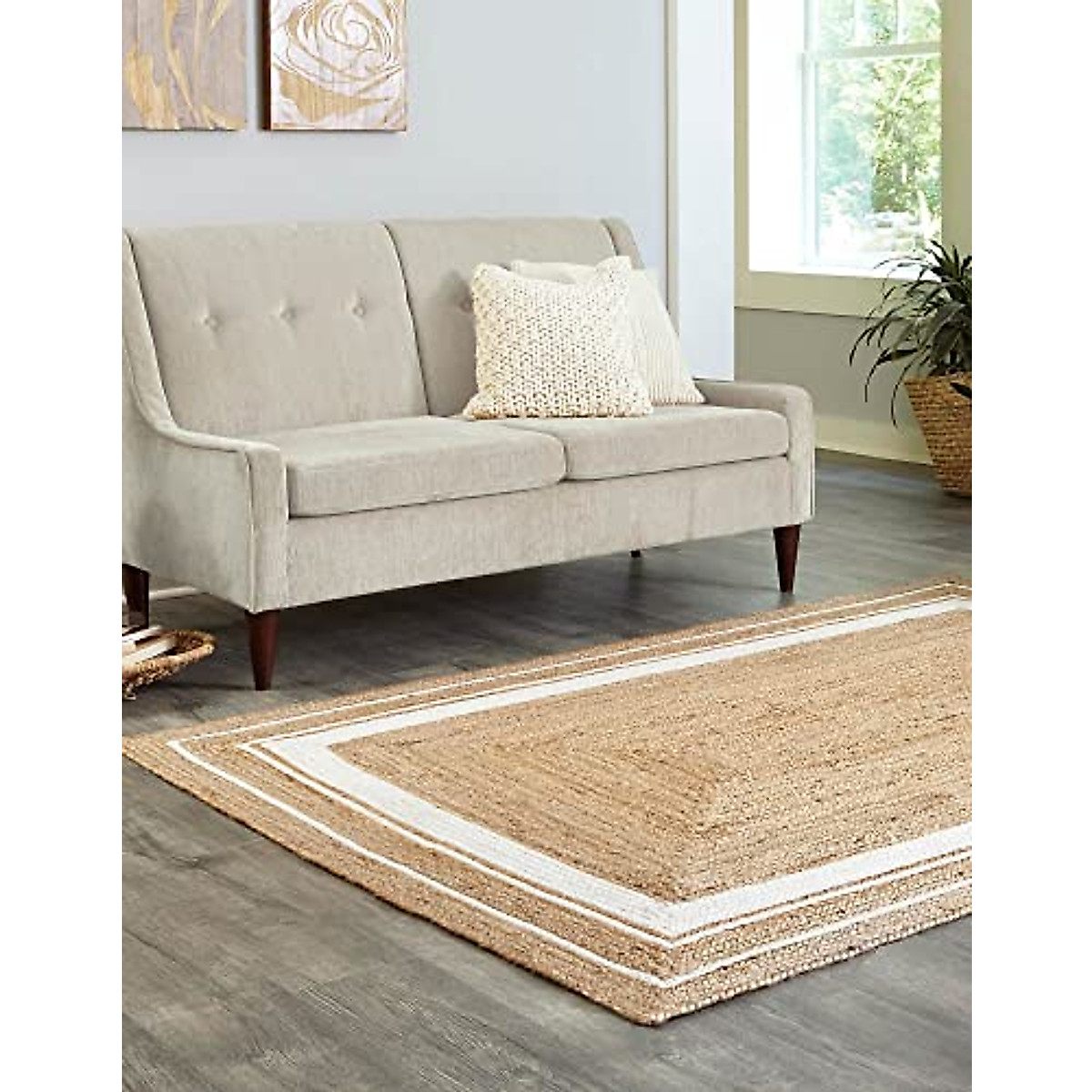 Unique Loom Braided Jute Collection Classic Quality Made Hand Woven with Coastal Design Area Rug, 6 ft x 9 ft, Natural/Ivory