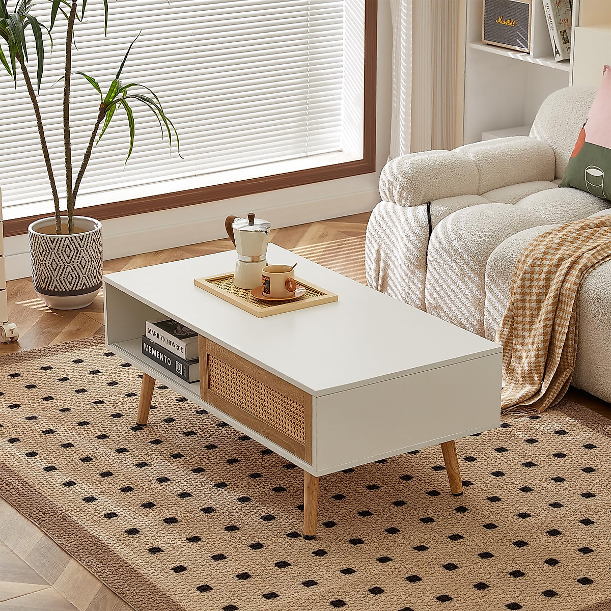 YOUGUO Boho Coffee Table for Living Room, 41.3" Rattan Coffee Table with Sliding Doors & Open Storage Shelf, Mid-Century Center Table for Small Space, White