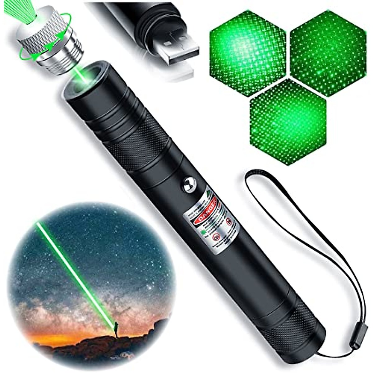 Cyahvtl Laser Pointer, 2000 Metres Green Long Range High Power Handheld Flashlight, Rechargeable Laser Pointer for USB, with Star Cap Adjustable Focus Suitable for Projecto