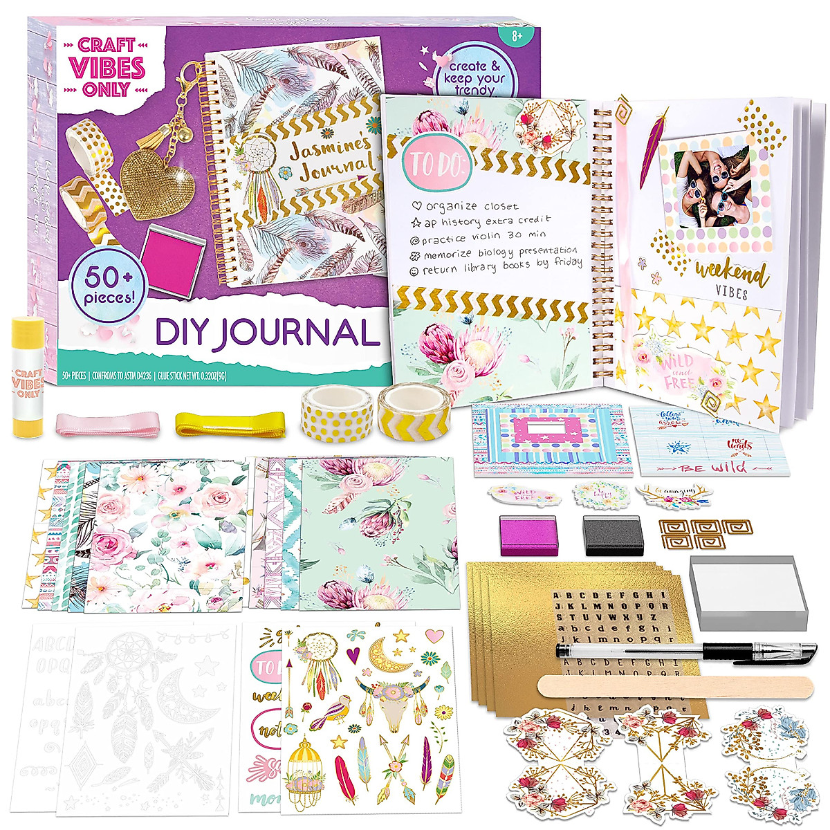 Good Vibes Journal DIY Set by Craft Vibes Only – Personalized Diary - Custom Journals for Girls - Creative Writing Scrapbook Kit - Customize Your Notebook - Pen Included! - Ages 8 & Up
