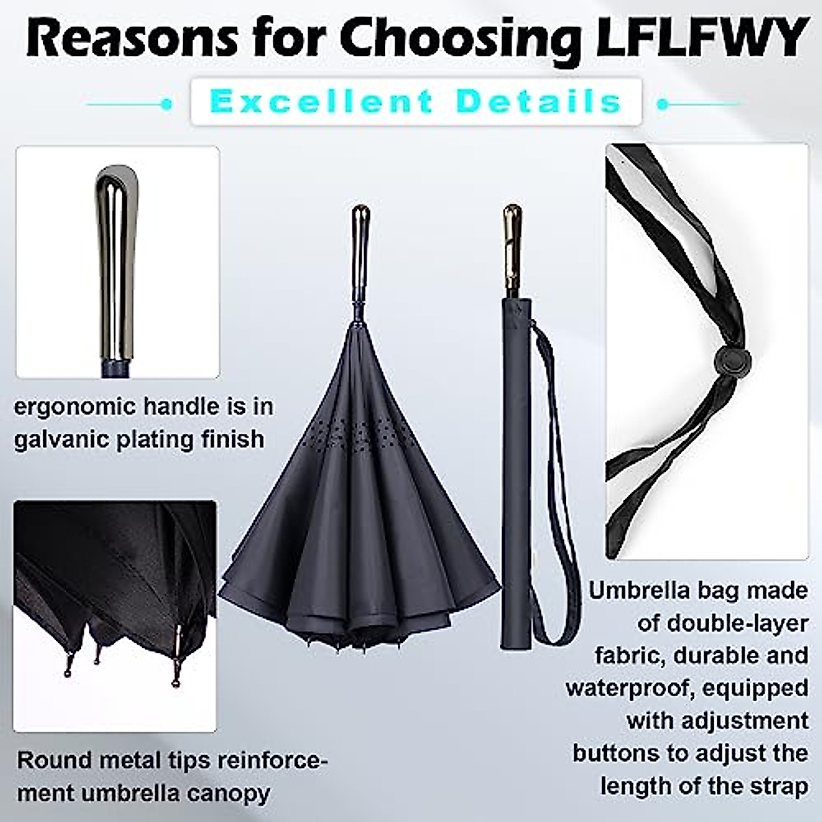 LFLFWY Inverted Reverse Upside Down Umbrella Windproof Strong - 49 inch Vented Double Canopy Large Stick Umbrellas for Rain Waterproof Golf Car Travel Umbrella - Men and Women