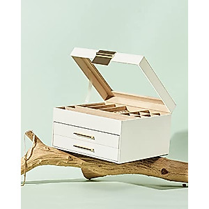 MILONT 3-Layer Jewelry Box for Women - PU Leather Jewelry Organizer with Clear Top - Perfect Jewelry Storage for Rings, Earrings, Necklaces, and Bracelets - Classy Ivory White