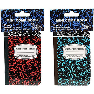 4-Pack Mini Marble Composition Notebooks, 4-1/2" x 3-1/4", College Ruled, 80 Sheet (160 Pages) - Colors: Red, Green, Yellow, Blue, Black. (4-Pack, Random Colors)