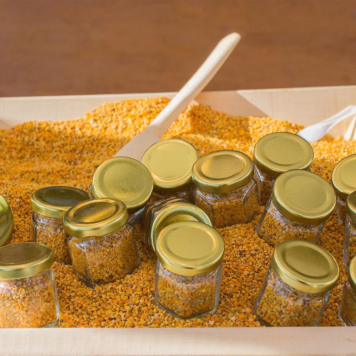 1.5 oz Hexagon Glass Jars with Gold Lids, 30 Pack Honey Jars Canning Jars Small Spice Jars for Jelly, Herb, Jams, Candy, Wedding Favors, Includes Labels and Pen