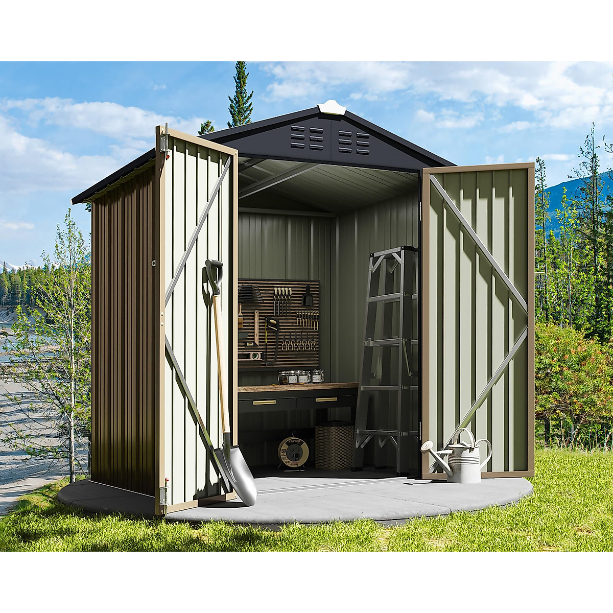 Greesum Outdoor Storage Shed 6 x 4 ft. Utility Tool Shed Metal Storage Garden Shed with Door & Lock for Patio Storage, Brown