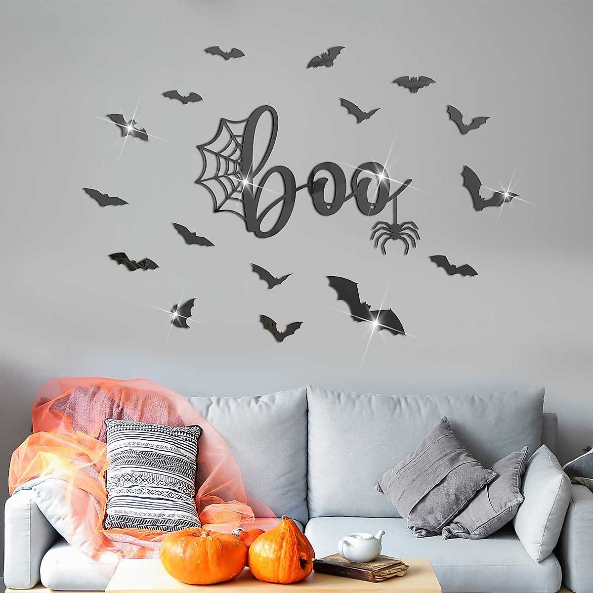 Zonon Halloween Spider Bat Wall Decor Bat Boo Decorations Wall Decal 3D Bats Decor Wall Stickers Self Adhesive DIY Halloween Mirror Decor Removable Spider Acrylic Sticker for Window Wall(Black)
