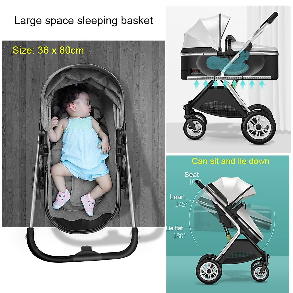 Twins Stroller for Side by Side Toddler Baby Bassinet Stroller for Double,Baby Standard Pram Convertible Pushchair Two-Way Push,Damping Wheels,Large Storage Basket (Color : White+Gray)