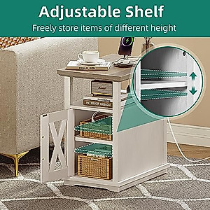 YITAHOME End Table with Charging Station, Narrow Side Table with Storage Adjustable Shelf, Farmhouse Nightstand with Door for Living Room, Bedroom, Grey Wash