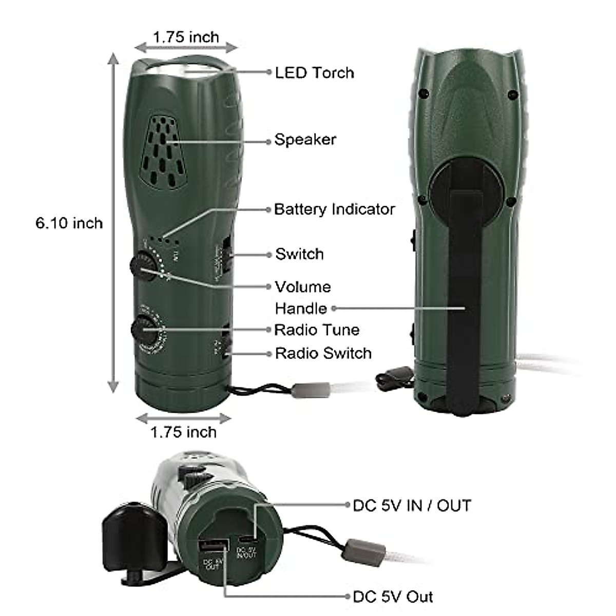 Hand Crank Flashlight with Emergency Radio LED Torch Phone Charger, Portable Dynamo SOS Rechargeable USB Charging Handheld LED Flashlights Built-in Loudspeaker for Camping Hiking Gift