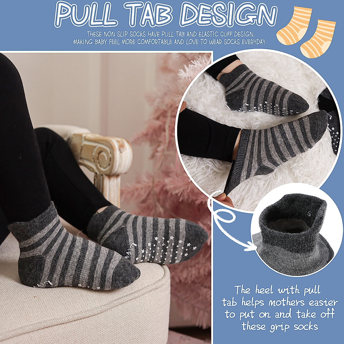 EBMORE Baby Toddlers Ankle Non Slip Grips Socks for Infant Boys Girls Kids Anti Skid Cotton Socks (Grey Striped（12 Pairs）,1-3 Y)