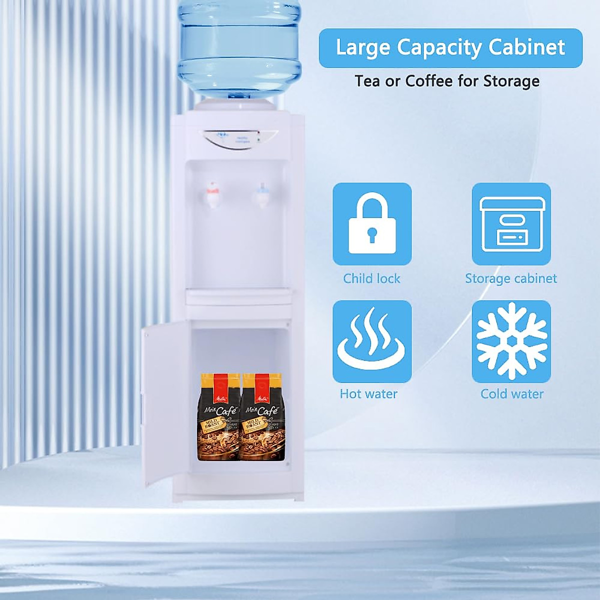 Water Dispenser for 5 Gallon Bottle, Top Loading Water Cooler Hot and Cold Water Cooler Dispenser with Child Safety Removable Drip Tray & Storage Cabinet for Office Home School, White