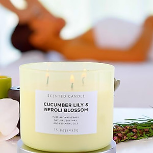 Cucumber, Lily of The Valley & Neroli Blossom Luxury 3-Wick Candle | Large Scented Candles for Home 15.8 oz | Relaxing Aromatherapy Stress Relief Candles | Natural Soy Candles for Women & Men