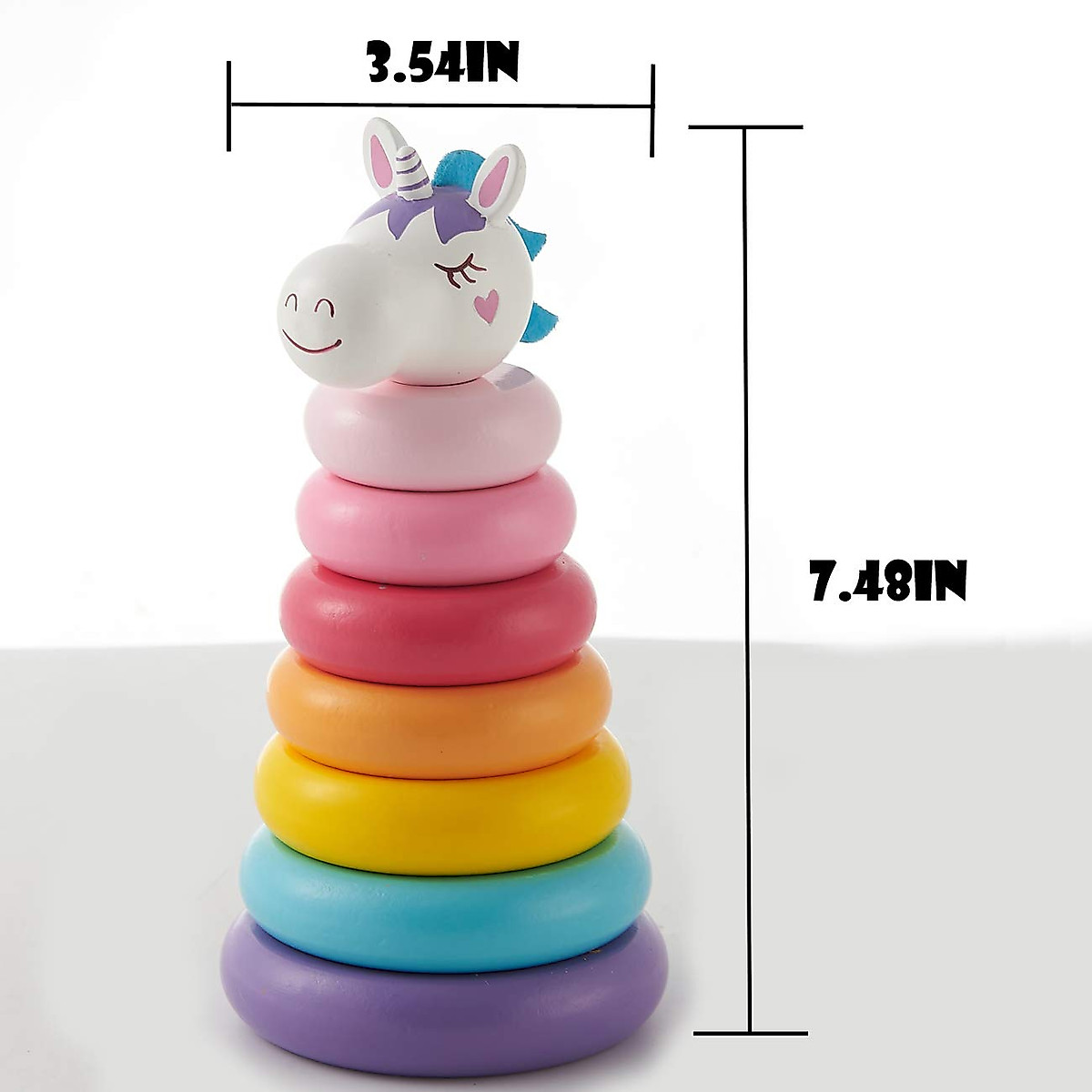RUYU Classic Unicorn Wooden Rainbow Stacking Rings - 7 Inches Tall Solid Wood Educational Baby Toy for Toddler Boys and Girls Age 18 Months and Up (8 Natural Solid Wood Pieces)