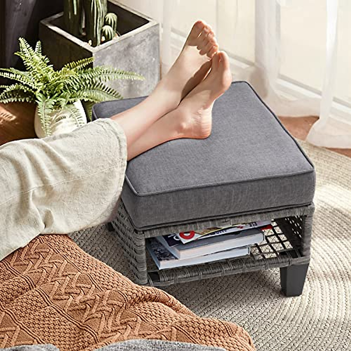 JOINHOM 2 Pieces Outdoor Patio Wicker Ottoman,Indoor Rattan Footrest Seat with Removable Comfortable Cushions, for Bedroom, Living Room,Balcony, Backyard, Garden