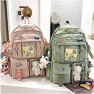 LIEEI Backpack with Cute Pins and Plush Pendant for Teen Girls School Large Capacity Waterproof School Bag Bookbag Backpacks (Pink-2)