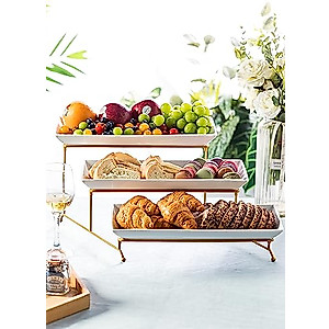 LYEOBOH 3 Tier Serving Stand and Platters Set Large Tiered with Collapsible Sturdier Rack 14 Inches Tray for Appetizer Fruit, Dessert Cupcake, White