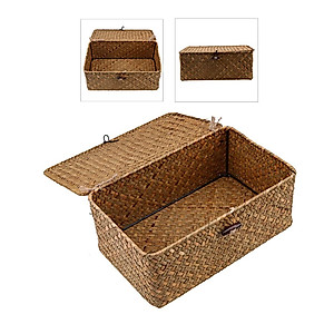 Storage Baskets for Shelves Seagrass Storage Bins with Lid Rectangular Woven Wicker Basket Rattan Storage Container Organizer for Home Shelf Size L Wicker Baskets
