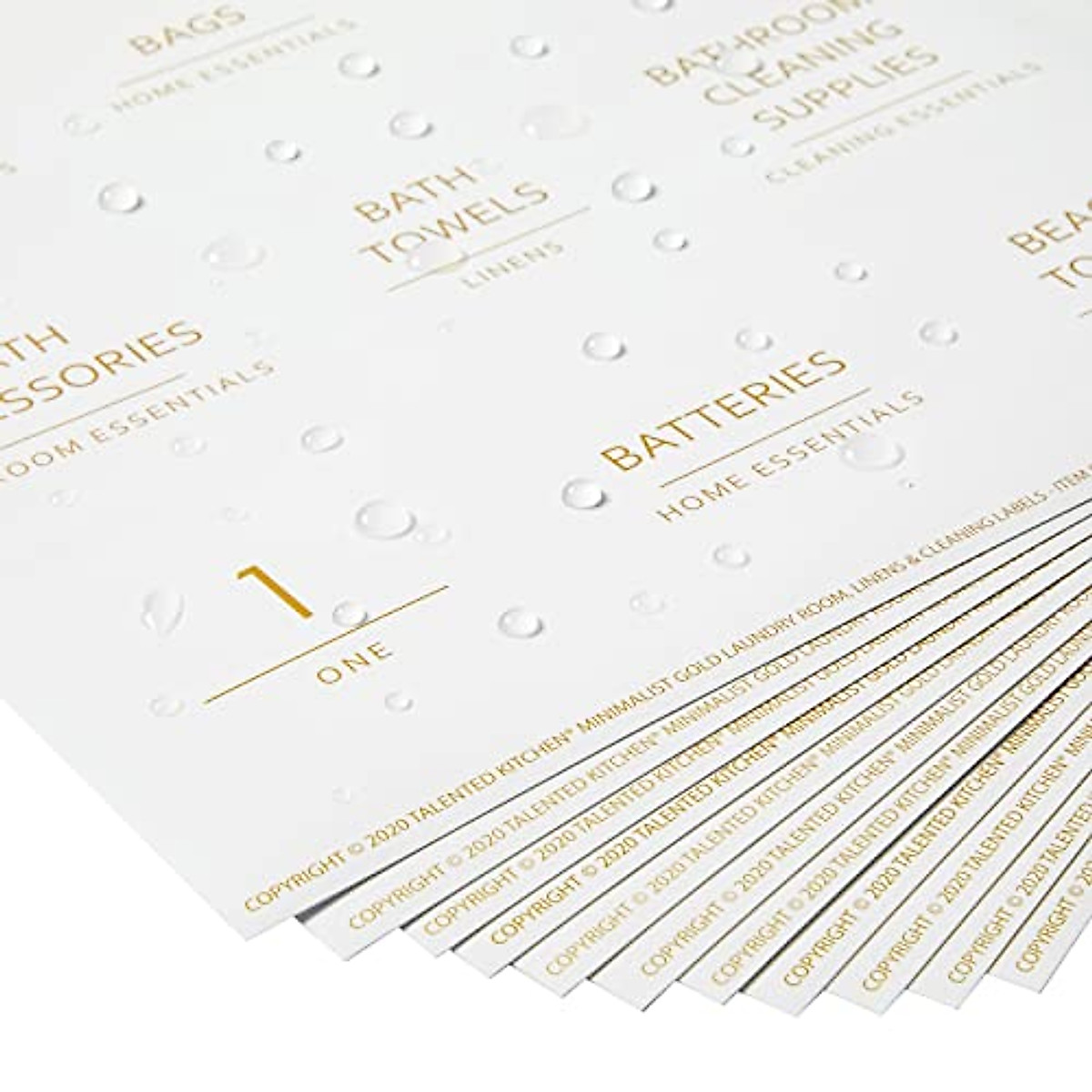 Talented Kitchen 144 Minimalistic Laundry Room Labels for Glass Jars, Preprinted Linen Closet Stickers for Containers, Bathroom Organization, Cleaning Supplies (Gold)
