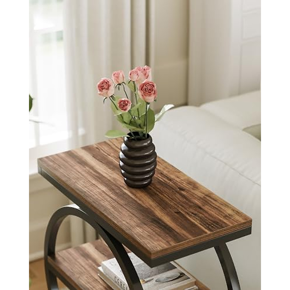 LITTLE TREE End Table, 3-Tier Side Table, Slim Sofa Side Table for Living Room, Tall Bedside Table Nightstand for Bedroom, Rustic Brown and Black