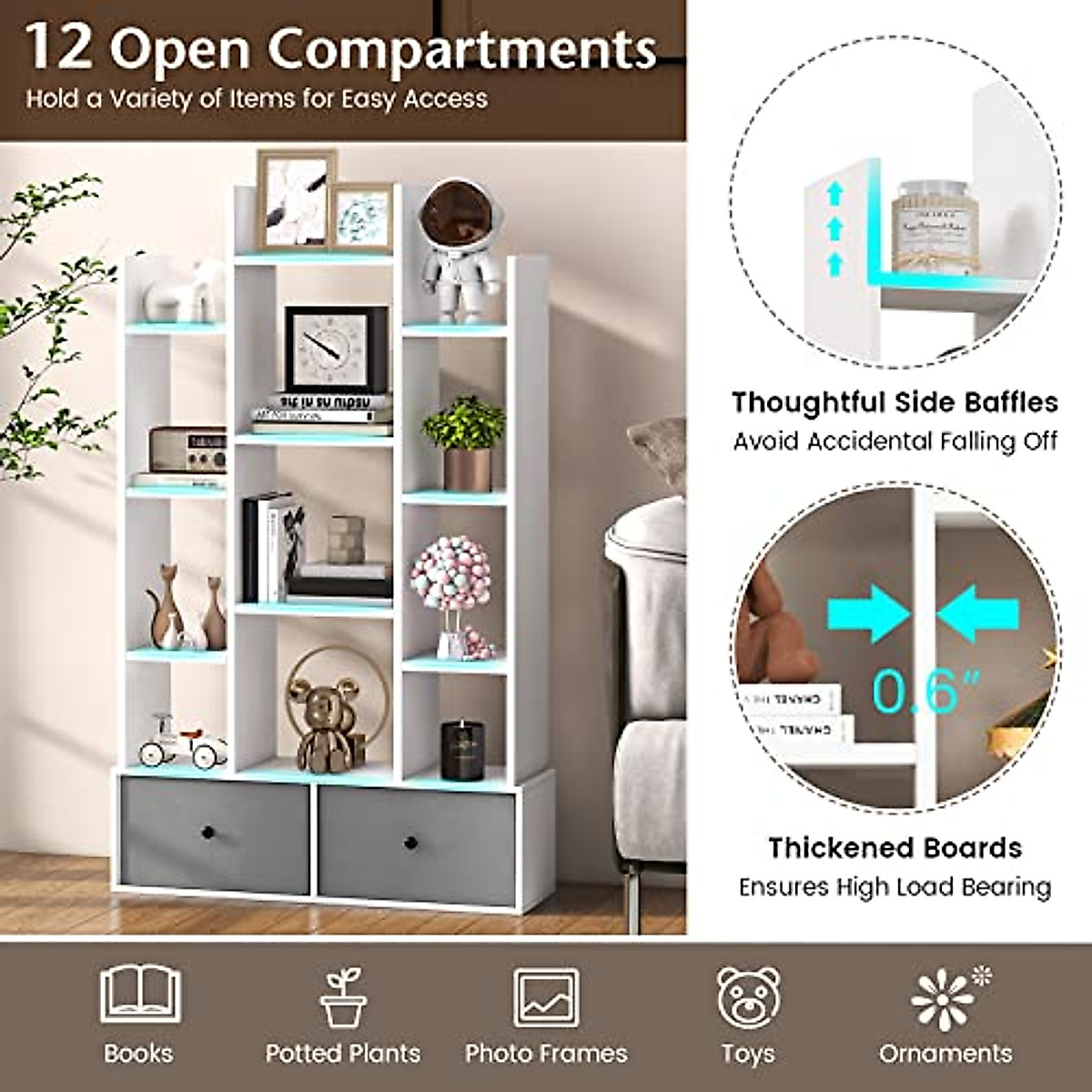 Tangkula Bookshelf with 2 Drawers, Tree-Shaped Bookcase with 12 Open Storage Shelves, Freestanding Industrial Wood Display Cube Shelf, Home Office Books Organizer, 31.5 x 9.5 x 52 Inches