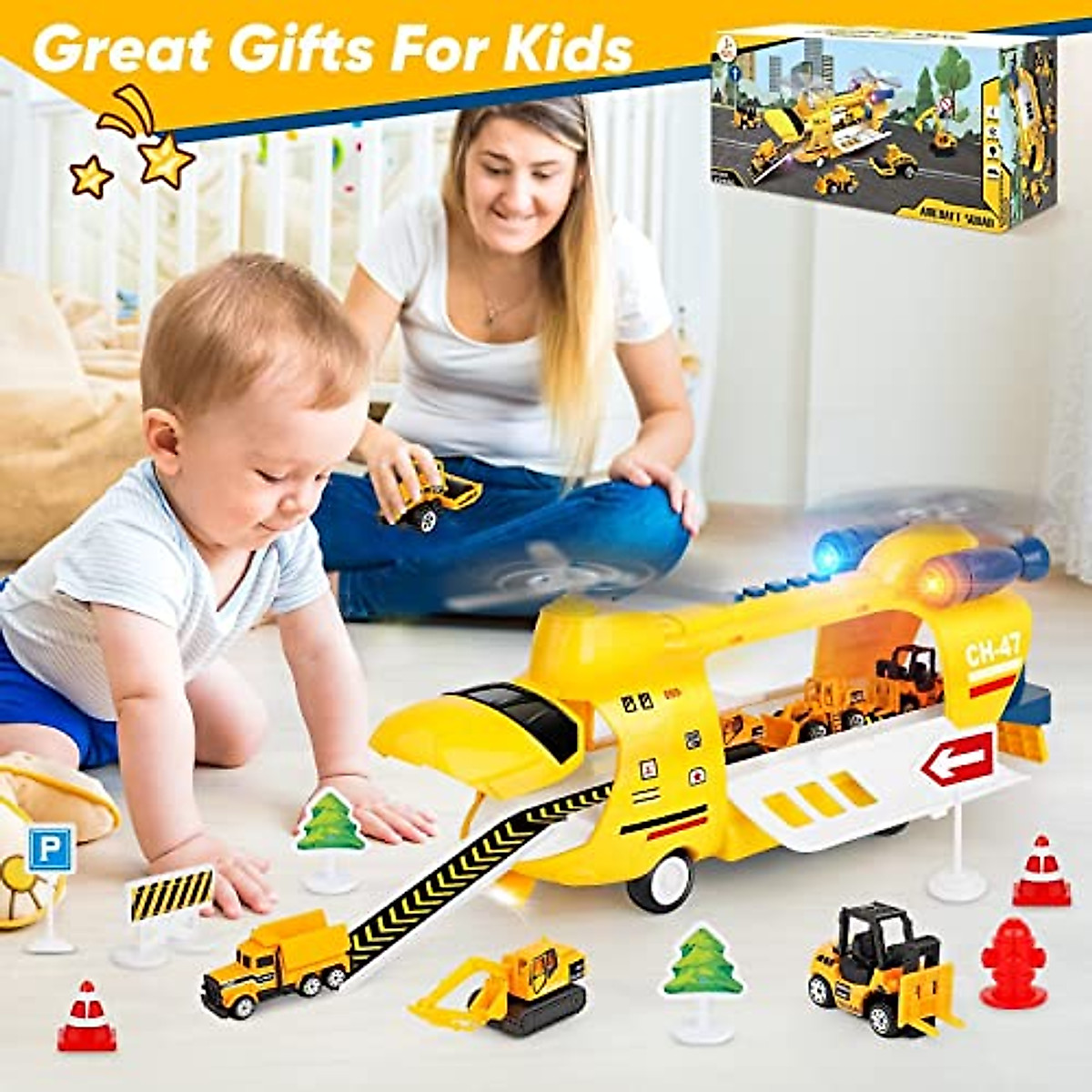 Airplane Toy with Construction Toy Cars Set, Transport Cargo Airplane with Lights and Sounds, 6 Mini Car Toys & 11 Road Signs, Toy Airplane Gifts for 3 4 5 6+ Years Old Kids Boys and Girls