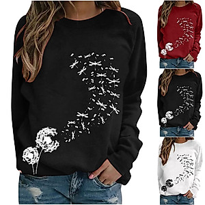 MELDVDIB Long Sleeve Shirts For Women Round Neck Dandelion Print Tee Pullover T-Shirt Casual Loose Workout Blouses Tops (Red, S)