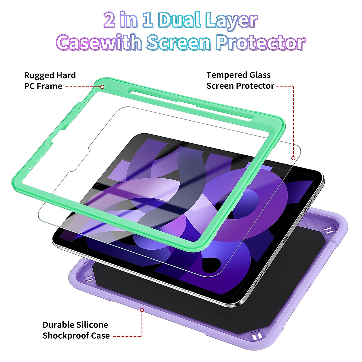 WESADN for iPad Air 5th Generation Case Pro 11 Inch Case 4th/3rd/2nd/1st with Screen Protector Foldable Kickstand Shoulder Strap Pencil Holder for Kids Girls Rugged Cover for iPad Air 4 Purple Teal