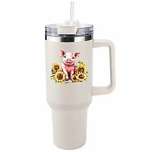 LB LEOBON 40 ounce insulated cup with handle, double-layer vacuum stainless steel material, equipped with straw, can keep warm or maintain cold drinks Pink Pig Sunflower white