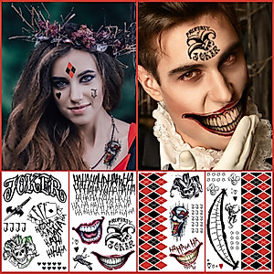 Joker Tattoos Suicide Squad Stickers, 4 Sheets Halloween Temporary Tattoos Hand Face Makeup Kit, Death Skull Smile Face