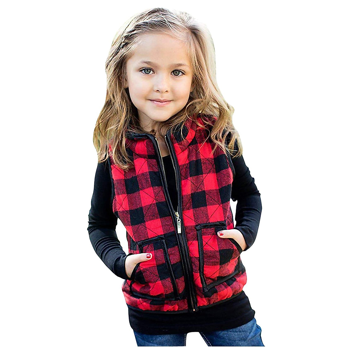 MAMAMI Kid Little Girls Puffer Lightweight Plaid Quilted Vest Cute Winter Outwear Padded Outfit(7-8 Years, Red&Black)