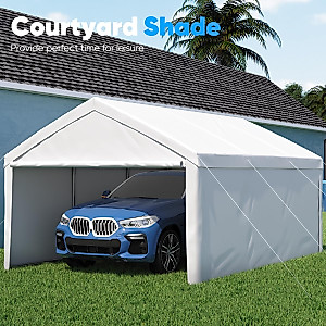 Quictent 13’x20’ Heavy Duty Carport Car Canopy Galvanized Car Boat Shelter with Removable Sidewalls, Reinforced Top Poles and Ground Bar-White