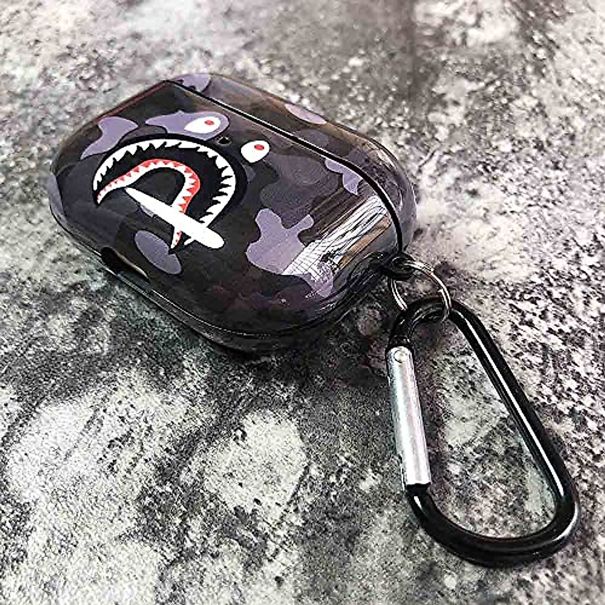Shark Teeth Softshell Silicone Camouflage Airpods Case, IMD Case Shockproof Case Skin with Key Ring, Suitable for Apple Airpods Pro (Black)