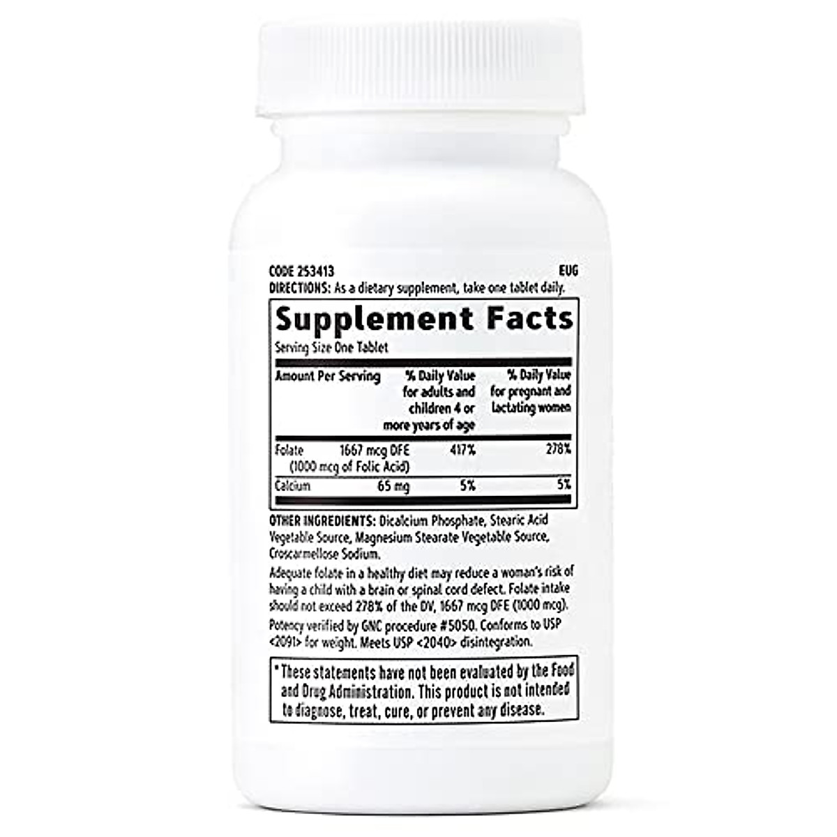 GNC Folic Acid 1000 mcg | Supports Healthy Fetal Development, Required for Proper Red Blood Cell Formation, Vegetarian Formula | 100 Tablets