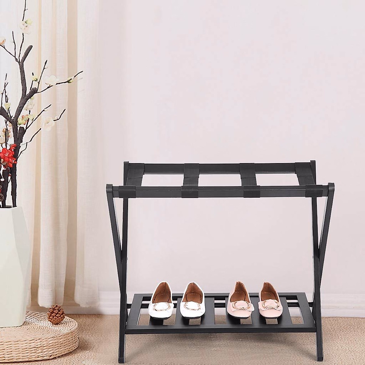 FiveShops Luggage Rack with Shelf, Folding Bamboo Suitcase Luggage Stand, Double Tiers Luggage Holder with Shoe Shelf, Casual Organization Storage Chests for Bedroom, Guest Room, Hotel, Black