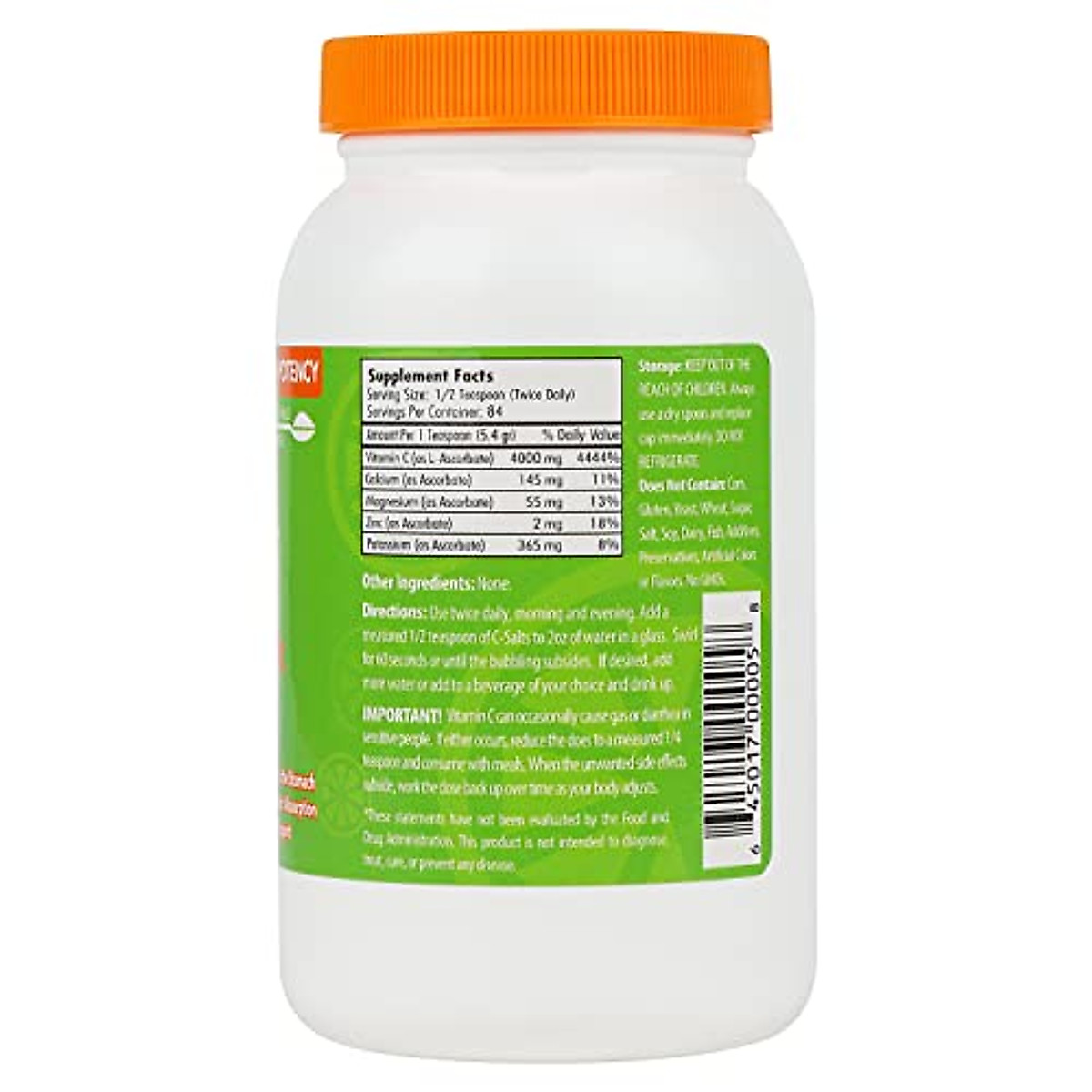 C-Salts Buffered Vitamin C Powder 4000mg, High Dose Vitamin C Supplement Drink, No Sodium, Ascorbate Megadose For Sensitive Stomachs, Corn Free Non-GMO Vegan Antioxidant Immune Energy Support 8oz