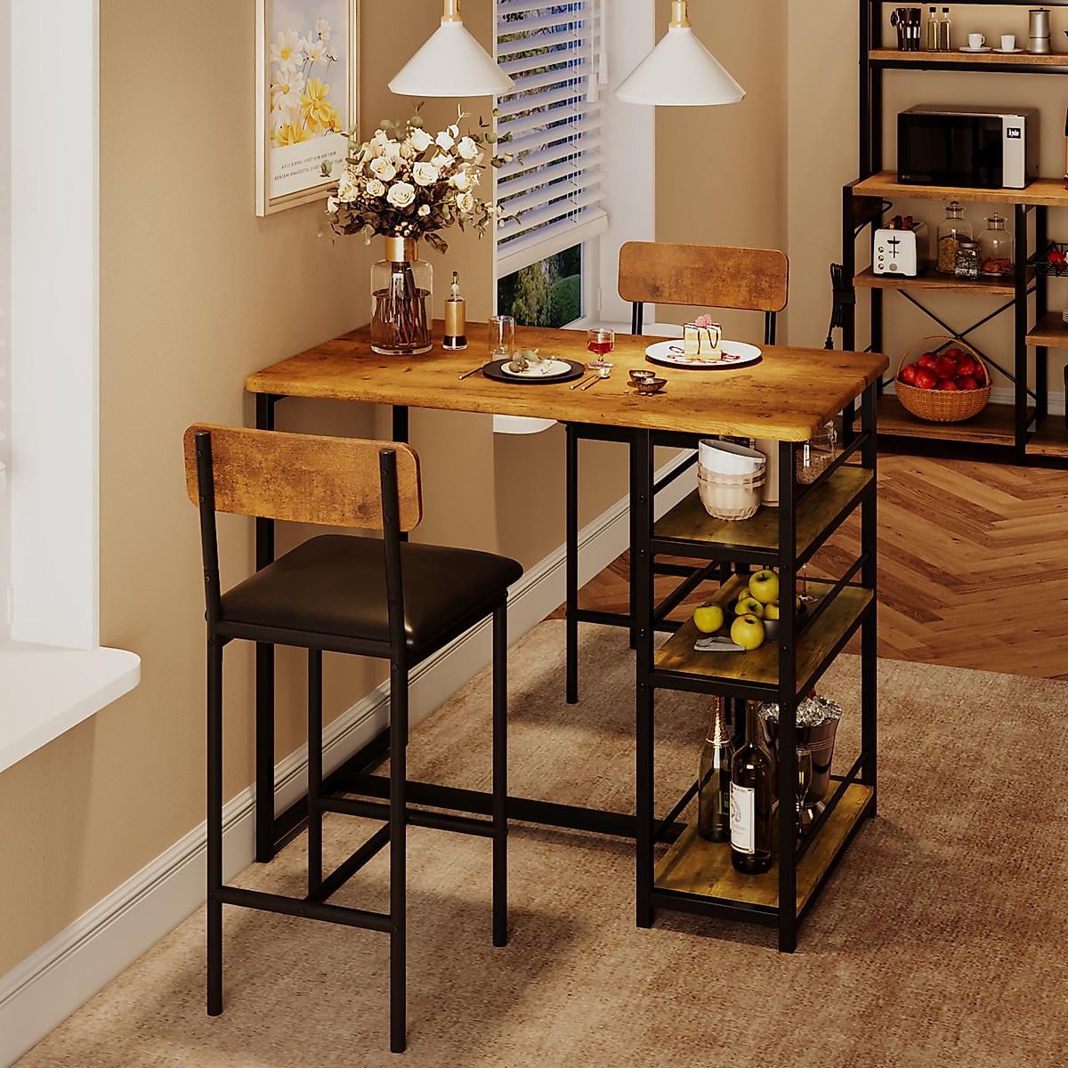 IDEALHOUSE Kitchen Table Set, Dining Table and Chairs for 2 with Storage Shelf, Dining Room Table Set with 2 Upholstered Chairs, Bar Dining Table Set for Small Spaces, Apartment, Rustic Brown