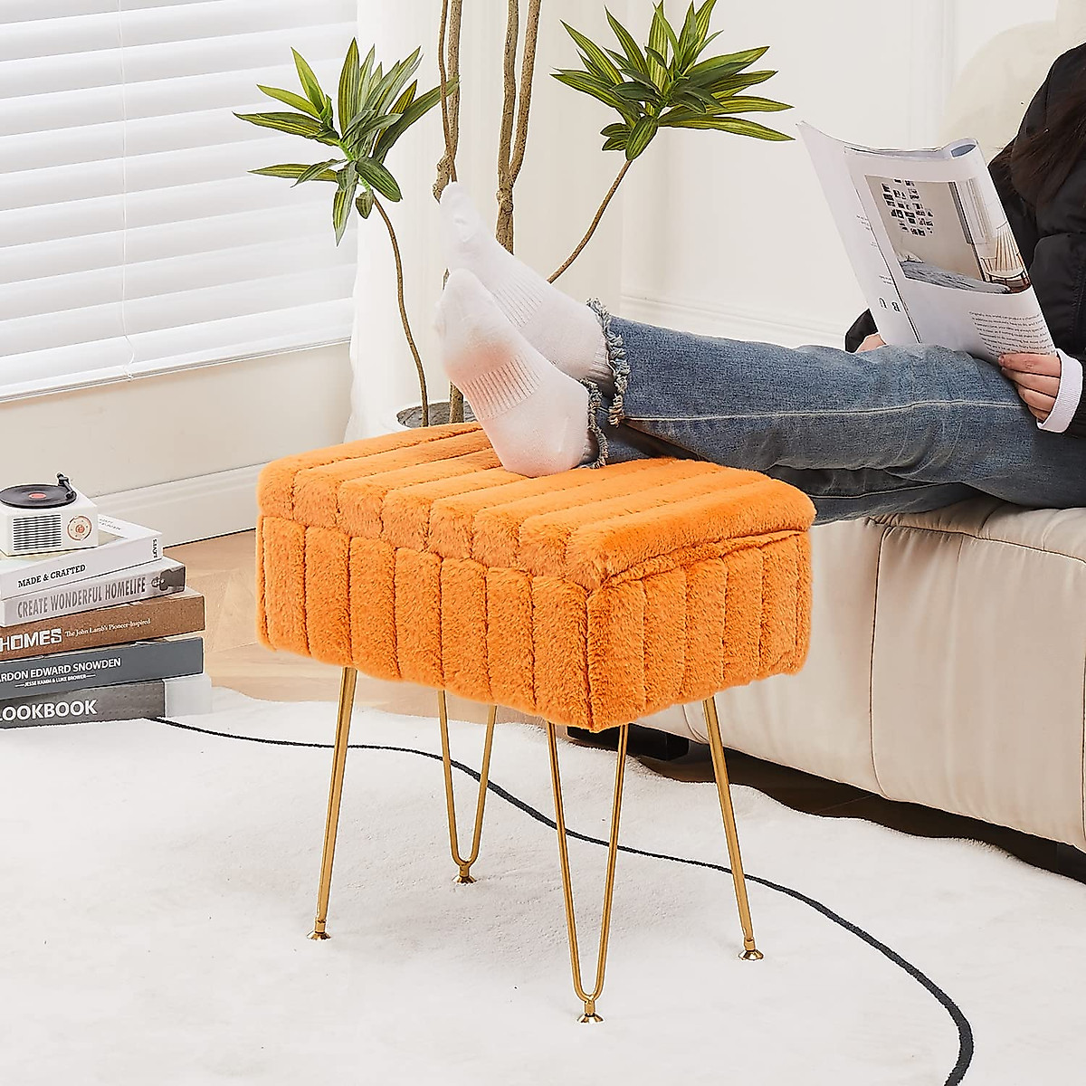 Wimarsbon Faux Mink Fur Storage Ottoman, Modern Soft Footstool, Storage Bench with Metal Legs, Vanity Seat, Fur Stool, Ottoman Coffee Table, Makeup Chair, Vanity Stools for Bedroom (Orange)