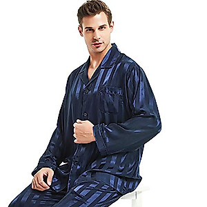 Mens Silk Satin Pajamas Set Sleepwear Loungewear Navy Blue L