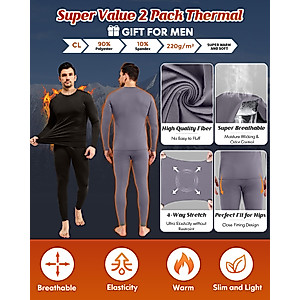 Thermal Underwear for Men, 2 Pack Long Johns Winter Long Underwear Sport Skiing Fleece Lined Base Layer Top and Bottom Set L