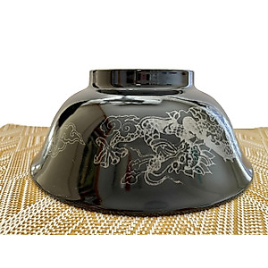 Japanese Black Glaze Silver Dragon 8.35 Inches Diameter Ramen Soup Ramen Noodle or Serving Bowl with Chopsticks