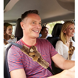 DolliBu Brown Monkey Plush Car Seatbelt Cover - Soft Fluffy Cushion Support for Safety Seat Belt Strap Cover, Decorative Wild Life Stuffed Animal Padded Toy Cute Vehicle Accessory for Kids & Adults